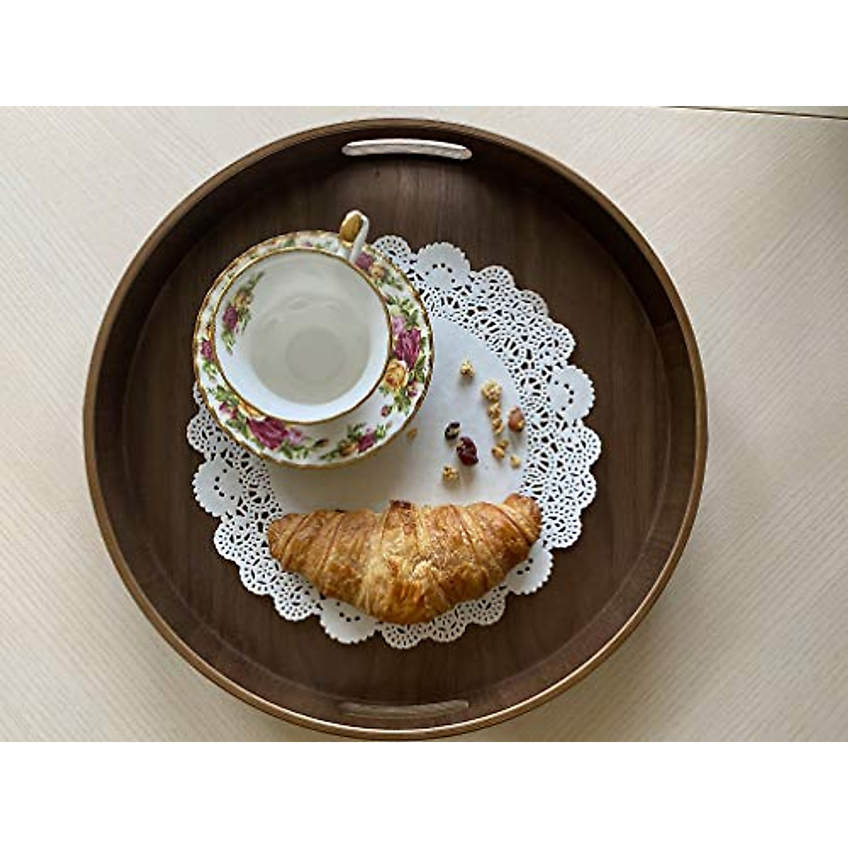 ALVITI Willow Wood Round Serving Tray with Handles 13 ¾ inch | Eco-Friendly, Decorative Accents for Wine Cellar, Kitchen, Living Room, Bedroom, Bathroom, Office, Café Tea Shop, Restaurant | (Walnut)