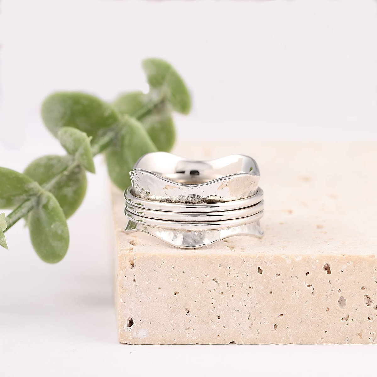 STROLLGIRL Sterling silver Simple spinner ring Fidget band ring spinning meditation anxiety ring (hammered design D, 9)