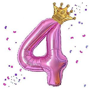 40 Inch Hot Pink Number 4 & Mini Crown Balloon for Birthday Party Decorations, 4th Birthday Party Decorations, Baby Shower Anniversary Balloons Decorations Supplies