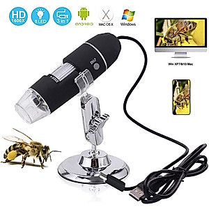 Grewtech USB Digital Microscope 1600x 8 LED Magnification Endoscope Camera with Metal Stand Compatible with Windows, Android and Mac