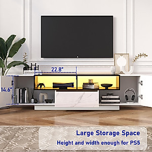 HOMFAMILIA 70in LED TV Stand for 75 Inch TV, Large Gaming Entertainment Center with Storage Cabinets and Open Shelves, Modern TV Console for Living Room, Bedroom(White Marble)