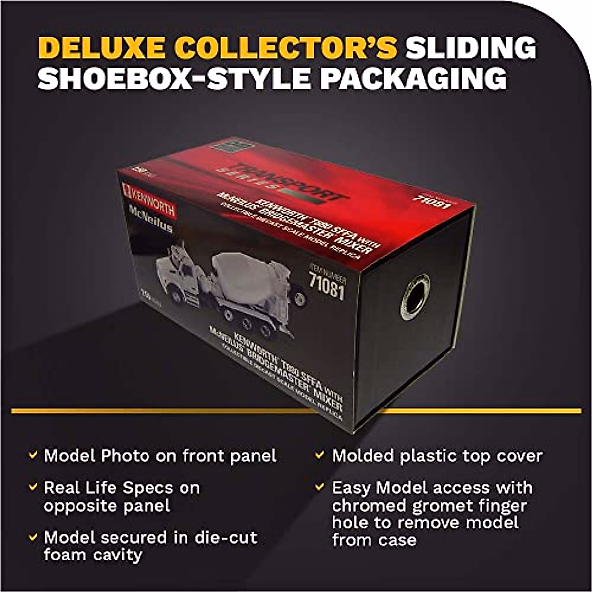 Diecast Masters Kenworth T880 SFFA Concrete Mixer Truck - Pearl White | Tandem with Lift Axle and McNeilus Bridgemaster Mixer | 1:50 Scale Model Semi Trucks | Diecast Model 71081