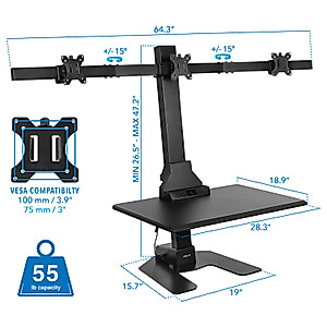 Mount-It! Triple Monitor Electric Standing Desk Converter - 3 Screens Stand Up Desk Riser - Height Adjustable Desktop & 3 Mounts for Screens up to 32", Sit-Stand Convertor for Home, Office, School