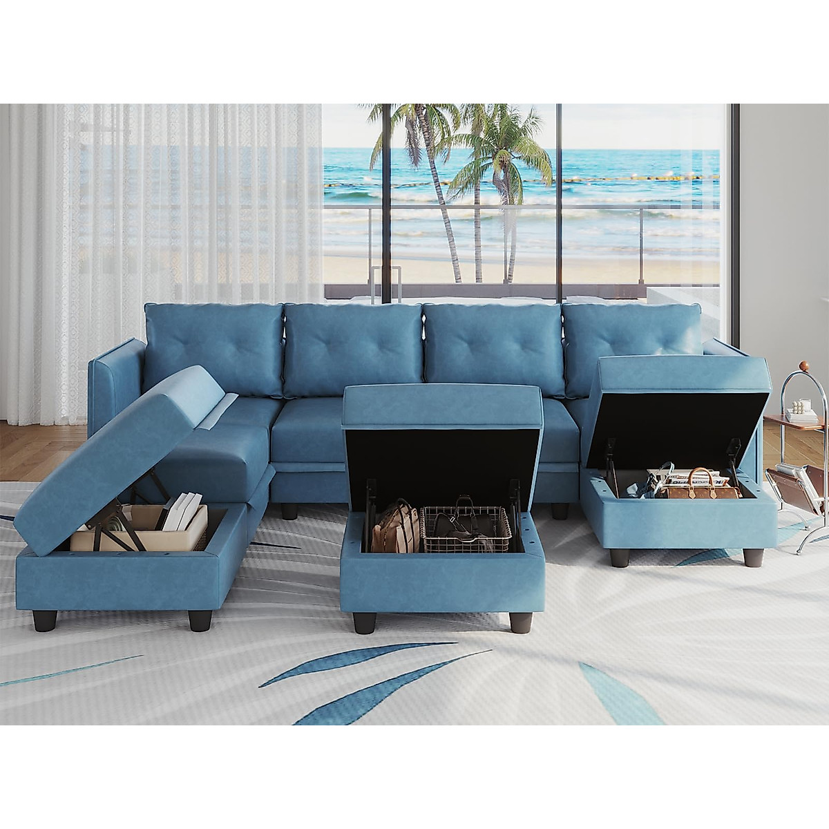LLappuil Modular Sectional Couch with Reversible Chaise Faux Leather Fabric Oversized 8 Seater U Shaped Sectional with Storage Convertible Sofa Sleeper Couch, Navy Blue