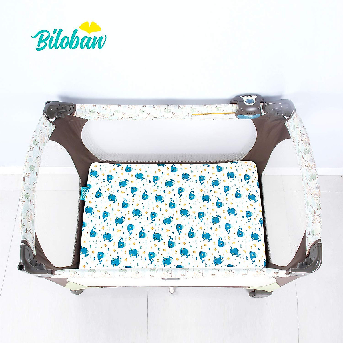 Biloban Pack n Play Sheet Fitted, 4 Pack Portable Playard Navy and Grey & Whale and Fish