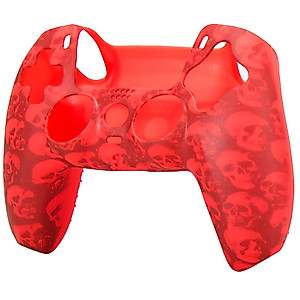 9CDeer 1 Piece of Silicone Transfer Print Protective Cover Skin + 10 Thumb Grips for PlayStation 5 / PS5 Controller Skull Red