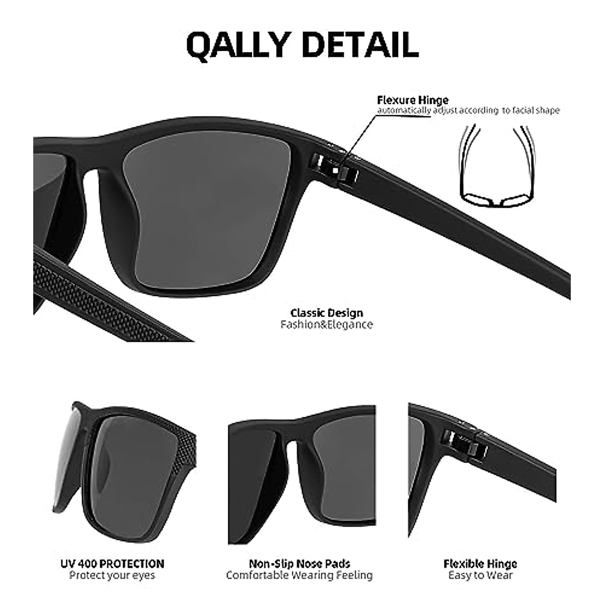 QALLY Retro Square Polarized Sunglasses for Men UV Protection Rectangular Outdoors Sunglasses with Trendy Frame, Black/Blue/Tawny
