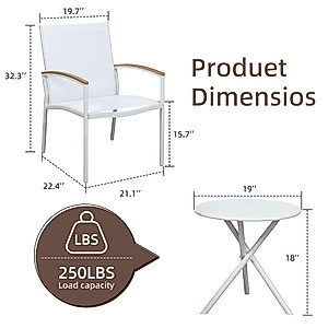 Shintenchi 3 Pieces Patio Bistro Sets, Outdoor Textilene Fabric Conversation Bistro Set, Textilene Fabric Front Porch Chairs Small Patio Furniture Set with Table for Lawn,Garden,Balcony (White)