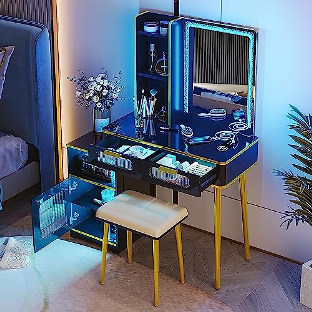 HNEBC Vanity Desk with Mirror and Lights,White Vanity Set with USB&Type-C&Wireless Charging,Makeup Vanity with Drawers/Stool, Voice Control Switch Vanity Makeup Desk for Bedroom&Dressing Room,Black