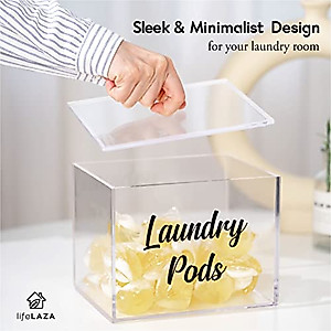 LifeLAZA Acrylic Laundry Pods Container with Lid, Clear Holder For Tide Pod, Laundry Detergent Capsules Storage, Dispenser Jar Box Organization for Laundry Room Decor (Black Font)