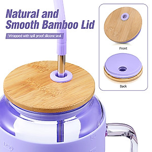 WINSA 50 oz Glass Water Bottles with Silicone Sleeve,Glass Tumbler with Lid and Straw,Iced Coffee Cup with Handle,BPA Free-Purple