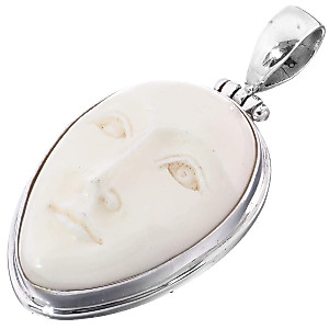 Goddess Carving Bison Bone 925 Sterling Silver Pendant, 1 3/4"