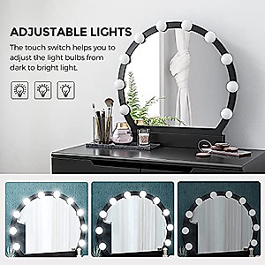 VASAGLE Vanity, Makeup Vanity Desk with Lights, Rounded Mirror, 2 Drawers, Vanity Set with Upholstered Stool, for Bathroom, Bedroom, Girls Vanity for Gift, Black URDT11BL