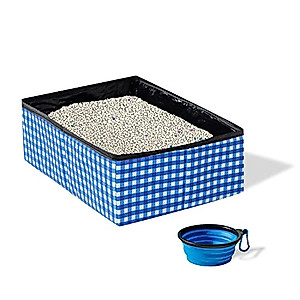 Pet Fit For Life Collapsible Portable Cat Litter Box (16"x12"x5") - Foldable and Packable Travel Litter Box for Cats - Includes Bonus Collapsible Water Bowl - Blue