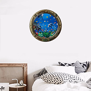 BooDecal 17 in x 17 in Dolphins Variours Tropical Fish Unsersea Series Porthole Fake Window Removable Wall Decals Swimming Sea Fish Waterproof Wall Stickers for Childrens Playroom Nursery Bathroom