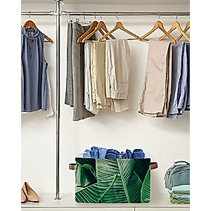Storage Basket Summer Green Banana Leaves Storage Bin with Handles, Tropical Nature Plant Collapsible Organizer Storage Cubes Bins for Closet, Laundry Clothes, Bathroom, Nursery Toys