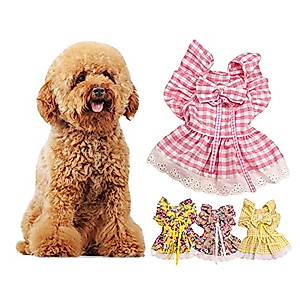 Pet Princess Dress - Dog Cat Sweet Dresses, Ruffle Sleeves Plaid Print Cat Princess Dress, Dog Clothes for Small Dogs Cats Puppy Pet Kitten Hot Pink XS