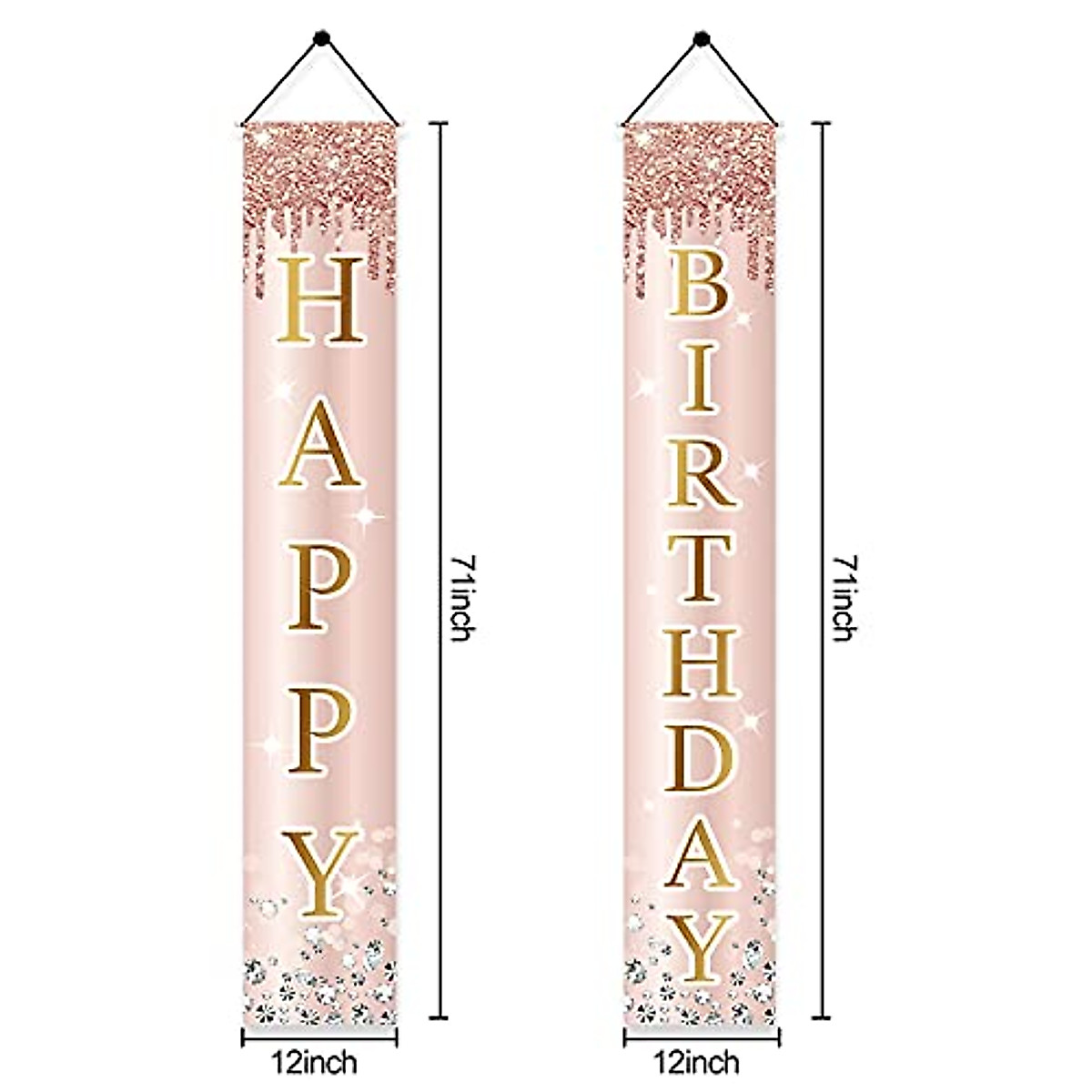 Pink Rose Gold Happy Birthday Door Banner Decorations, Birthday Party Porch Sign Supplies for Women Girls, Sweet 16th 21st 30th 40th 50th 60th Birthday Decor