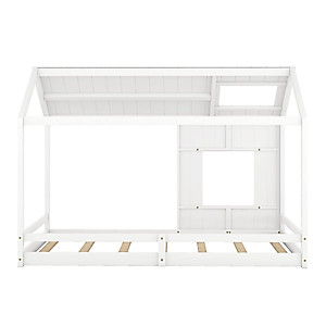 Twin House Bed, Montessori Bed Twin Size Floor Bed with Rails and Roof, Window, Solid Wood Platform Bed Frame with Slats, for Kids Teens Girls Boys (Twin Size, White)