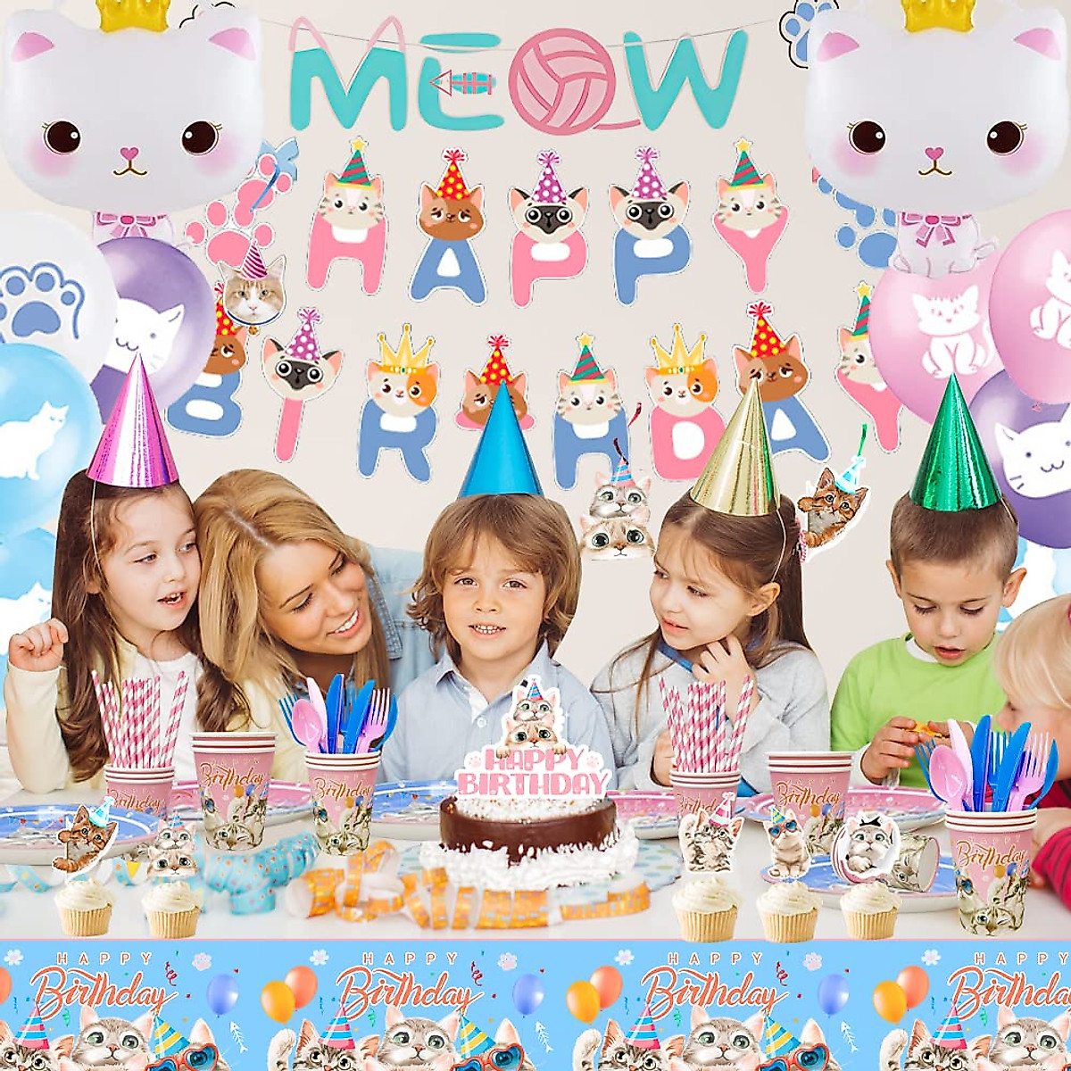 Cat Birthday Party Supplies,178pcs Cat Party Decorations&Tableware Set-Kitten Birthday Party Decorations Balloons Banner&Cat Party Plates Cups Napkins Tablecloth etc Cat Themed Birthday Party Supplies