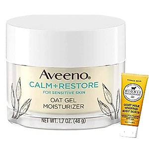 Aveeno Calm + Restore Oat Gel Facial Moisturizer Cream For Sensitive Skin Paraben-Free, 48g & Body Scrub 2fl oz Combo (FFP Packing)