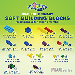 UNiPLAY Plus Soft Building Blocks — Creativity Toy, Educational Play, Cognitive Development, Early Learning Stacking Blocks for Infants and Toddlers, Primary (80-Piece Set)
