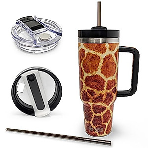 Simply Modern 40 oz Tumbler with Simple Handle and Straw Giraffe / Rambler Insulated Cup / Iced Coffee Stainless Steel Travel Mug / 40oz Animal Print Water Bottle Gifts for Men Women Kids / 5 pcs Set