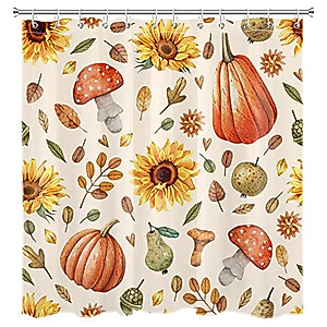 HVEST Fall Shower Curtain and Bathroom Rugs, Pumpkin Sunflower Autumn Leaf and Mushroom on Beige Shower Curtain with Bath Mat, 72X72 inches Farmhouse Fall Thanksgiving Bathroom Shower Curtain Set