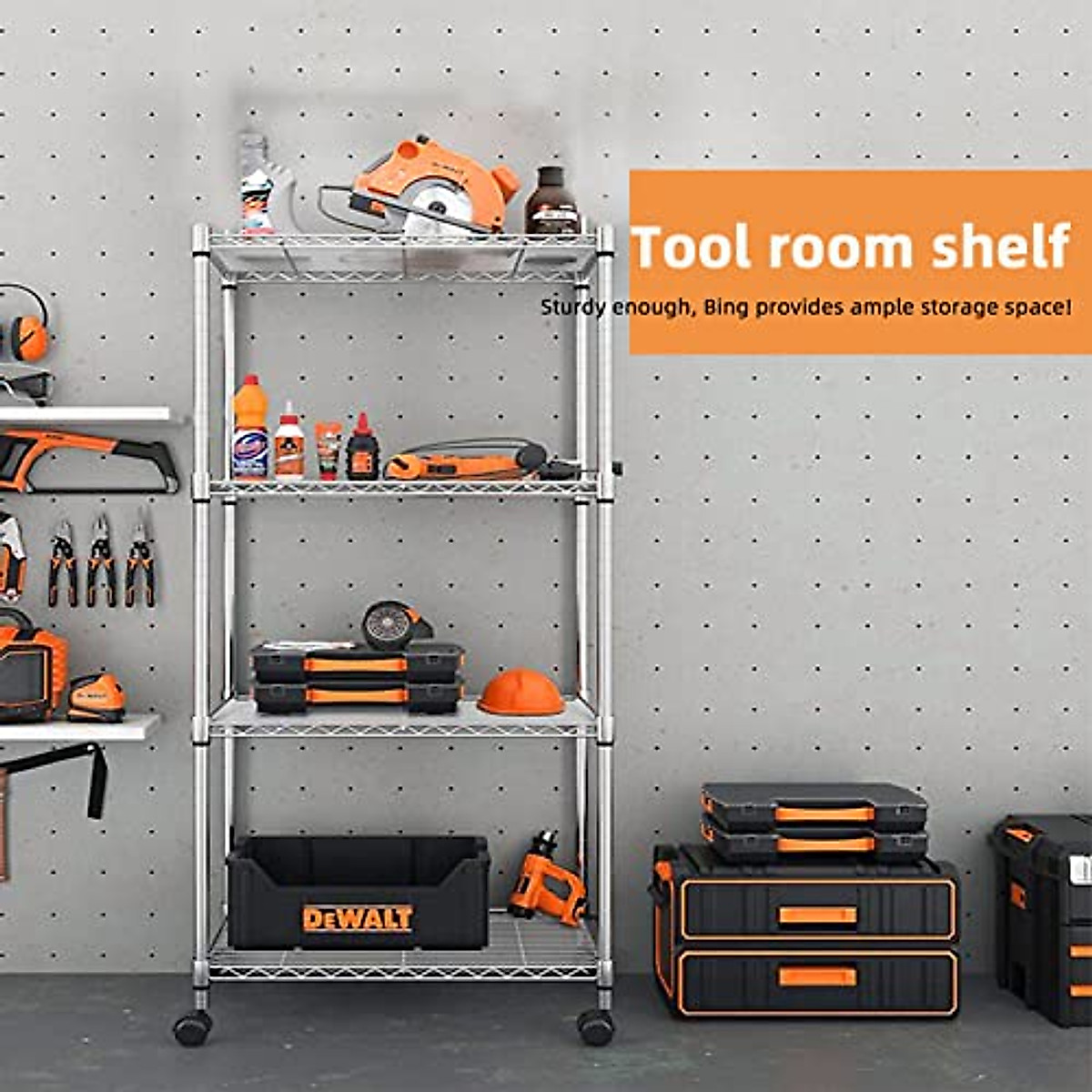 Chrome, 4 LAYER ADJUSTABLE METAL WIRE VERTICAL SHELF, heavy DIY shelf shelf, household kitchen, living room, bathroom, storage room, balcony, study, utility room, garage, with universal wheel shelf