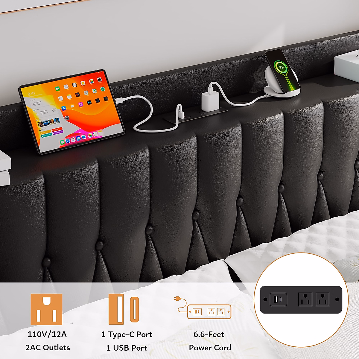 iPormis King Size Metal Bed Frame with Charging Station, Faux Leather Headboard and Footboard, Heavy Duty Steel Support, 12" Under Bed Storage, No Box Spring Needed, Easy Assembly, Black