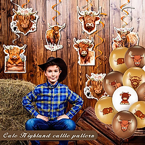 Libima 99 Pieces Highland Cow Birthday Decorations Include 25 Highland Cow Cake Toppers 50 Pcs 12 Inch Cattle Latex Balloons and 24 Highland Cow Hanging Swirls for Highland Cow Cattle Birthday Party
