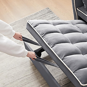 MYINDA 3-in-1 Sleeper Sofa Couch with Velvet Pullout Bed, 54.7’’ Convertible Sofa Bed Couch with Adjustable Backrest and USB Ports and Cup Holders for Bedroom Living Room (Grey)