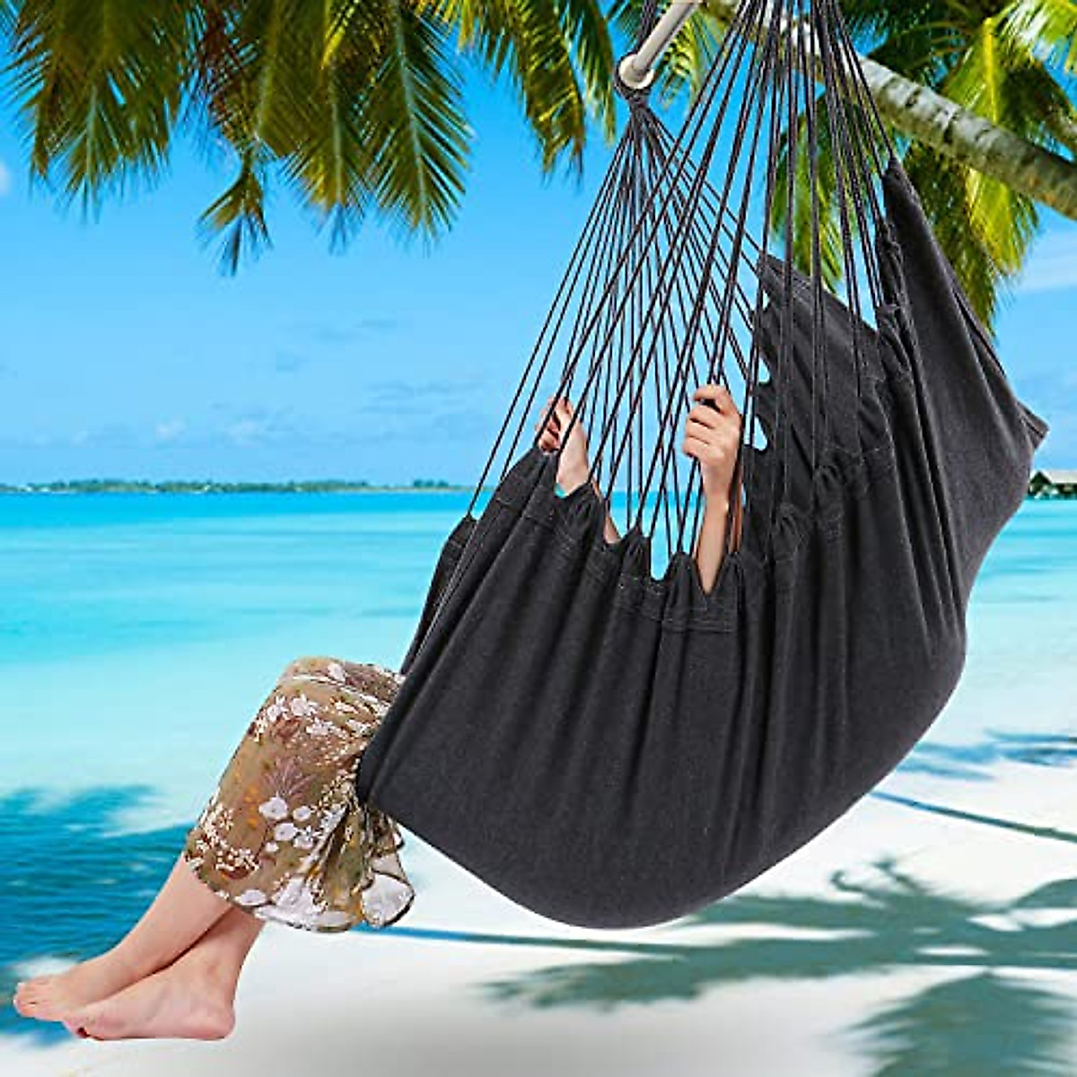 Y- Stop Hammock Chair Hanging Rope Swing, Max 500 Lbs, 2 Seat Cushions Included, Quality Cotton Weave for Superior Comfort, Durability with Hardware kit (Dark Grey)