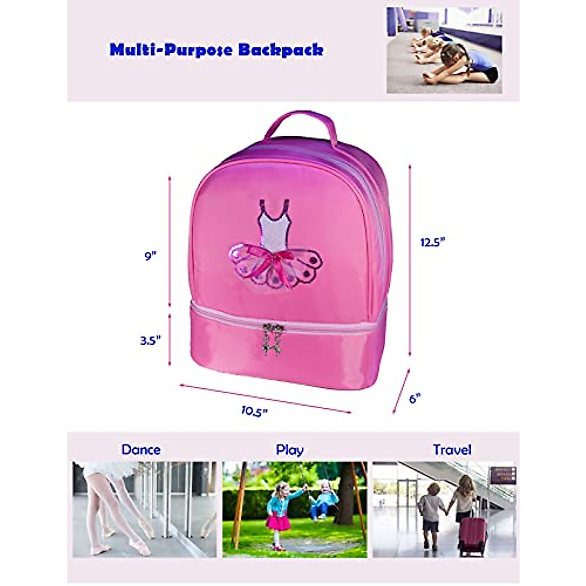 Ballet dance backpack for little girls ballerina tutu pink bag with free hair net for dance Toddler dance bag gymnastics Latin dance yoga tap dance jazz separate compartment for shoes