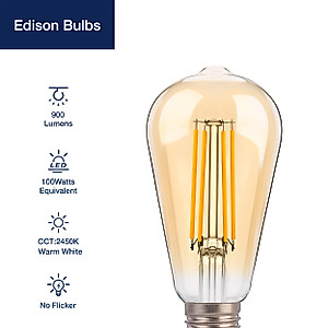 FLSNT LED Edison Bulbs 100W Equivalent, ST19 Dimmable Vintage LED Light Bulbs, 2450K Warm White, 8W, 900LM, E26 Base, Amber Glass, 6 Pack