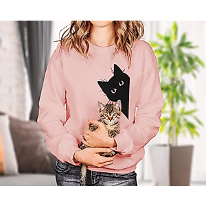 FRYAID Cat Sweatshirt Women Funny Black Cat Graphic Sweater Casual Cat Crewneck Holiday Long Sleeve Hoodie Pullover Top
