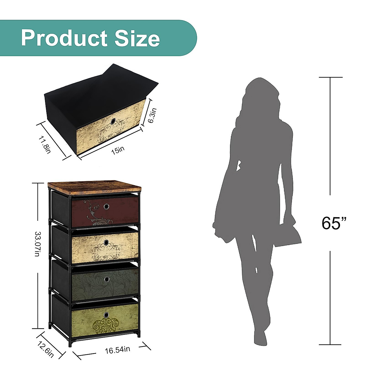 VASICAR Set of 2 Nightstands with 4 Drawers, Beside Table, Clothes Organizer, Storage Tower Unit, Small Fabric Dresser for Bedroom, Living Room, Closet, Entryway, Hallway, Nursery