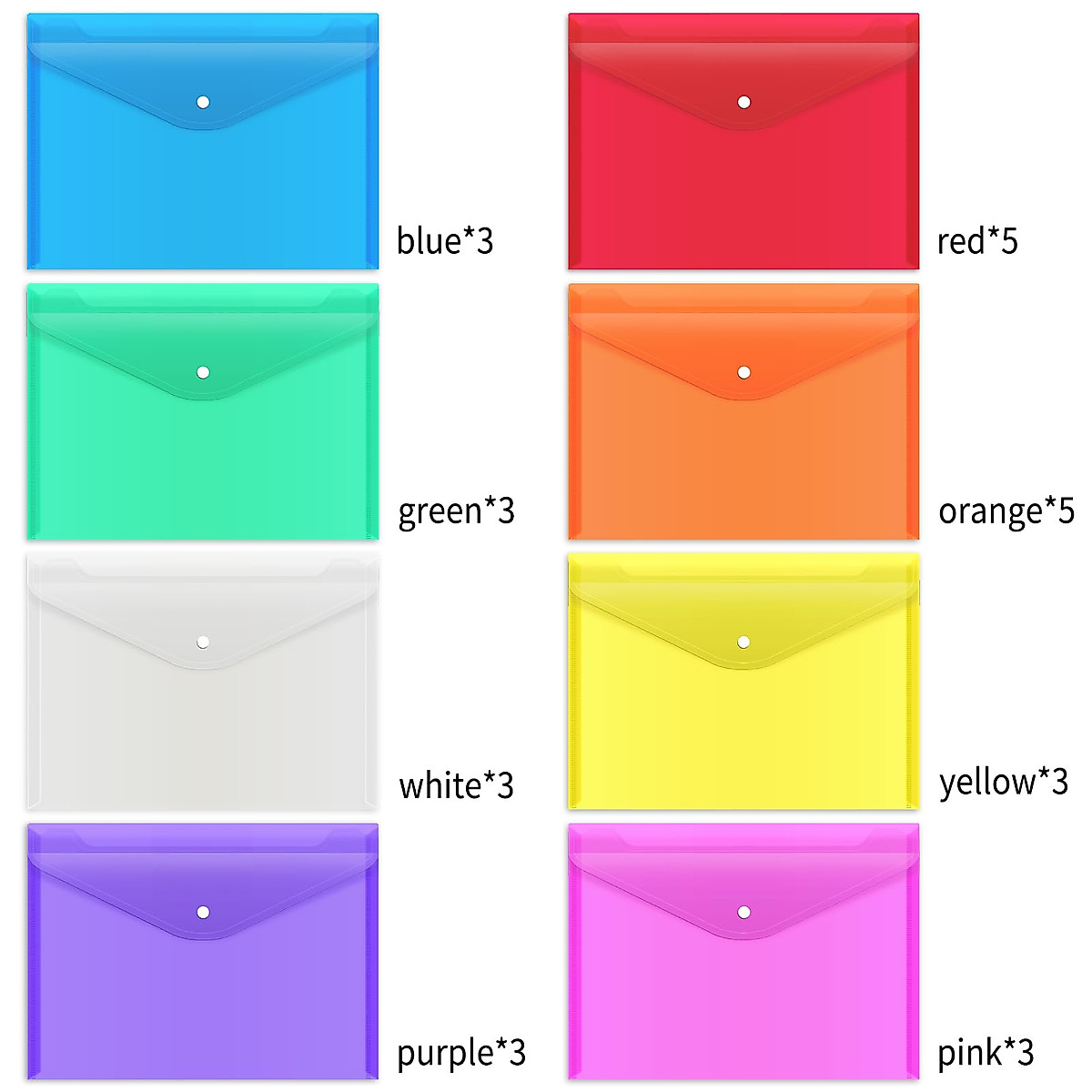 EOOUT 28pcs Plastic Envelopes, Plastic Folders, Plastic Envelopes with Snap Closure, Poly Folders, 8 Colors, A4 Size, Letter Size, for School and Office Supplies