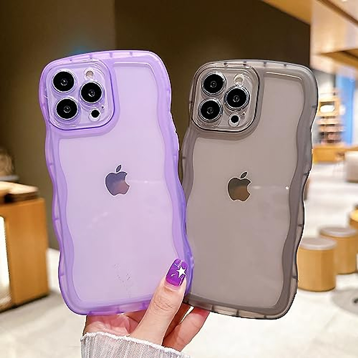 XIQI Compatible with iPhone 13 Pro Max Case 6.7" 2021, Cute Kawaii Curly Wave Frame Shape Soft Silicone Shockproof Protective Phone Cover for Women Girls, Clear/Purple