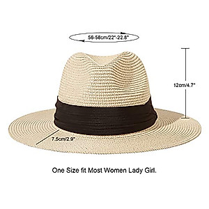 Lanzom Women Wide Brim Straw Panama Roll up Hat Fedora Beach Sun Hat UPF50+ (Khaki) One Size