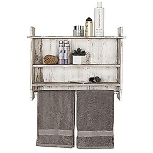 MyGift Wall Mounted Whitewashed Wood Bathroom Shelf Organizer Storage Rack with 3 Tier Shelving and 23 Inch Hand Towel Bar