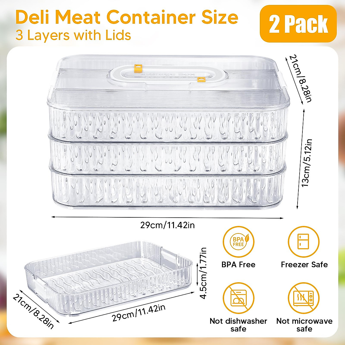Piklodo Deli Meat Container for Fridge, 2Pcs Meat and Cheese Container for Fridge, 3 Layer Stackable Bacon Keeper for Refrigerator Organizers and Storage Deli Containers with Lids Cold Cut Container