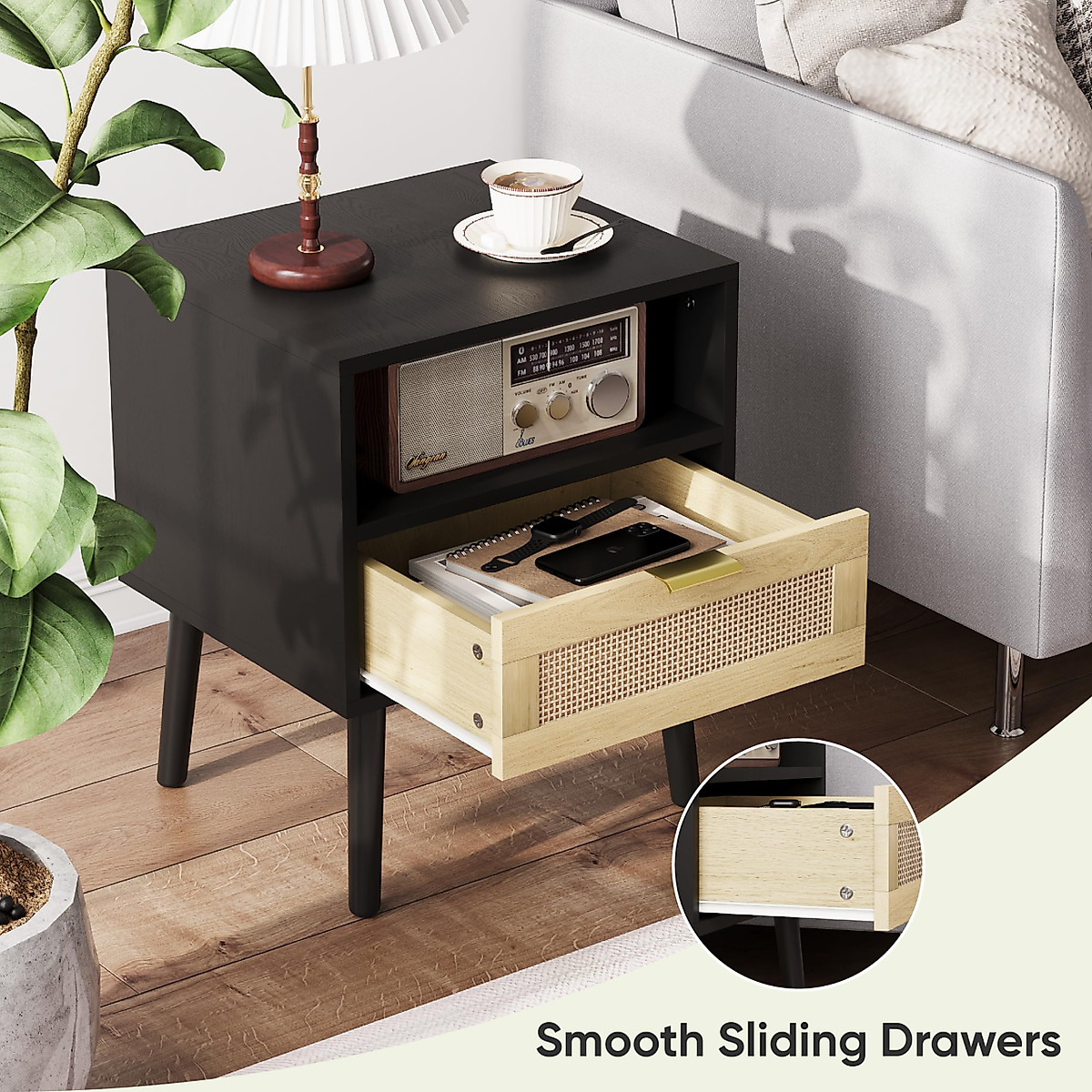 Smuxee Black Rattan Nightstand with Drawer, Boho Large Bedside Table with Open Shelf, Side Table for Bedroom, Study Room