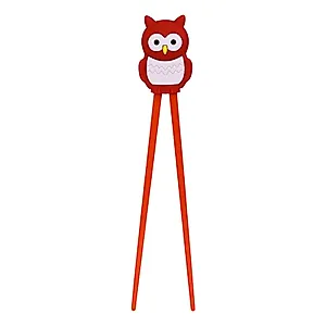 Ebros Gift Red Owl Reusable Training Chopsticks Set with Animated Silicone Helper Hinge Guide for Sushi Noodles Rice Dining Learning Fun