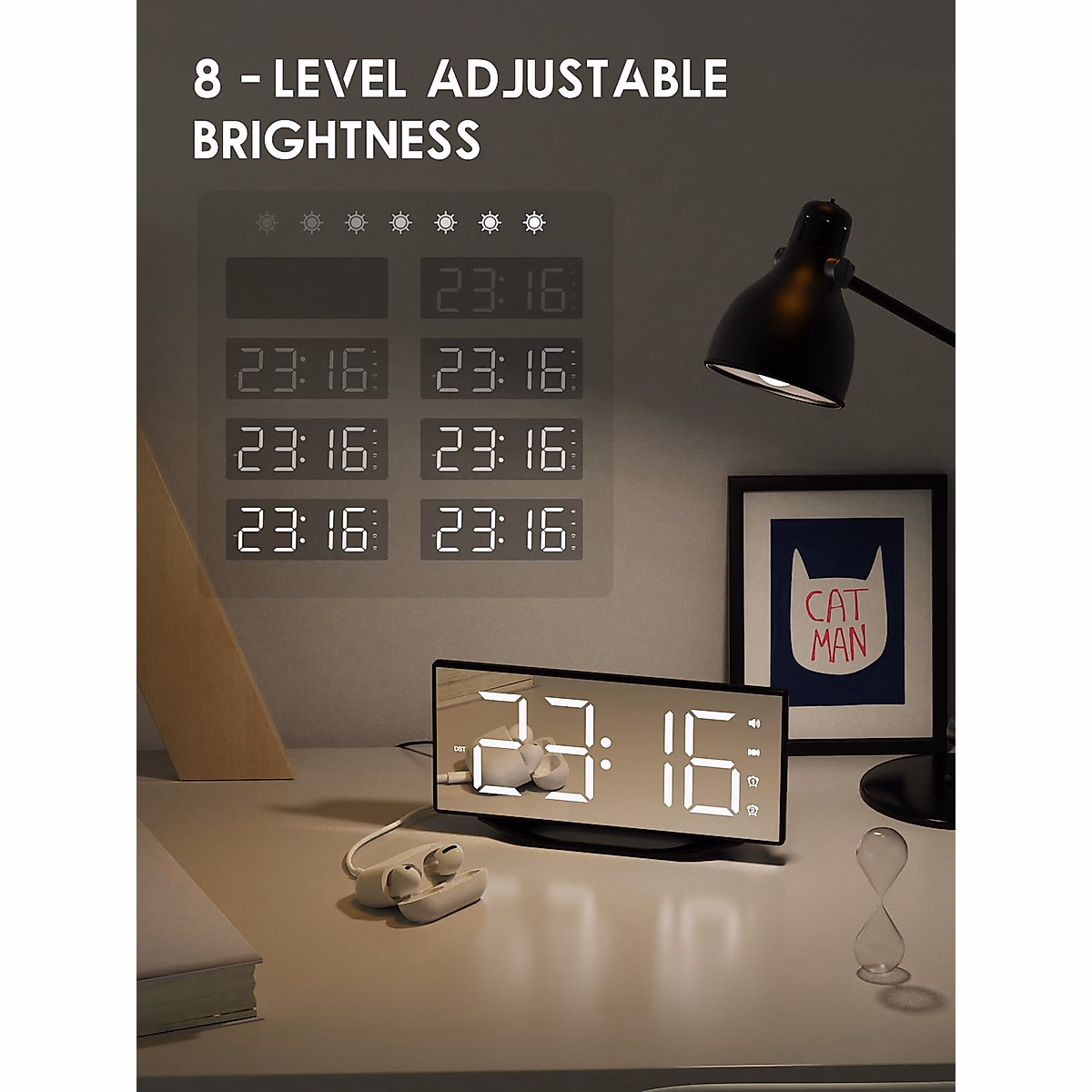 OnLyee Dual Extra Loud Alarm Clock for Heavy Sleepers, Vibrating Alarm Clock with Bed Shaker, 8.7" Large LED Mirror Display, USB Charger, Dimmer, Snooze & Battery Backup