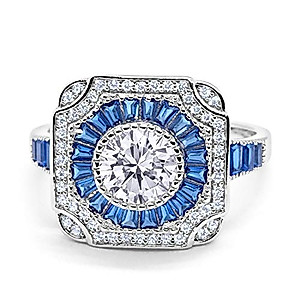 Art Deco Antique Style Ring Wedding Engagement Baguette Simulated Blue Sapphire Round Cubic Zirconia 925 Sterling Silver, Size-7