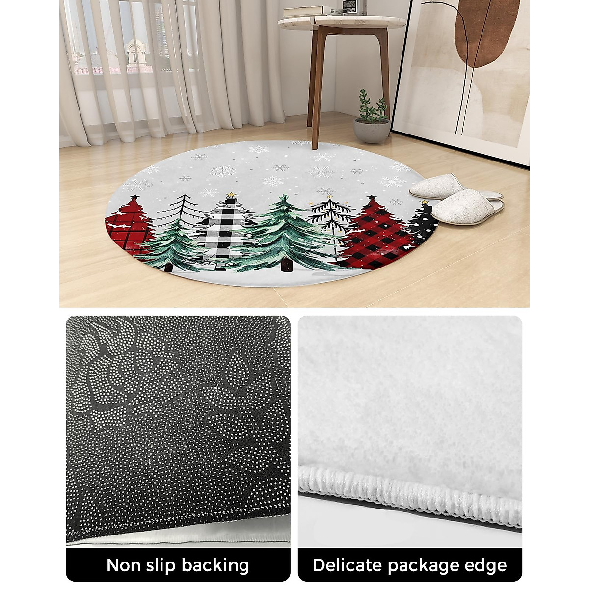 Christmas Fluffy Round Area Rug Carpets 3ft, Plush Shaggy Carpet Soft Circular Rugs, Non-Slip Fuzzy Accent Floor Mat for Living Room Bedroom Nursery Home Decor Plaid Pine Tree Red Green Dots Grey