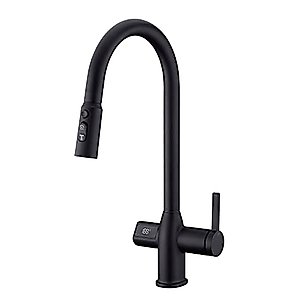 Leetcp LED Kitchen Faucet with Temperature Digital Display,Solid Brass Kitchen Sink Faucets with Pull Down Sprayer and 3 Modes,360 Rotatable Pull Down Kitchen Faucet,Matte Black