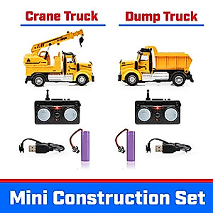 Force1 Mini Construction RC Trucks for Kids - 2 Pack Remote Control Construction Truck Set with Mini RC Toy Crane and Mini Dump Truck Toy, 2.4GHz Remote Controls, Bright LEDs, RC Car Batteries, Yellow