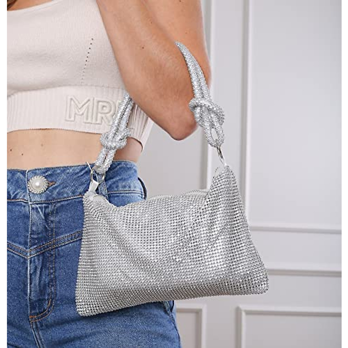 Rhinestones shoulder bag for Women, Rhinestones Hobo Bag, Luxury Sparkly Crystal Diamond Silver Clutch Purses for Party Club Wedding